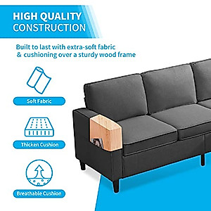 Horgaeo Convertible Sectional Sofa Couch, 3-Seat L-Shaped Couch with Storage Ottoman, Wooden Legs Modern Linen Fabric Reversible Chaise for Living Room, Bedroom, Apartment (Dark Grey) 78''