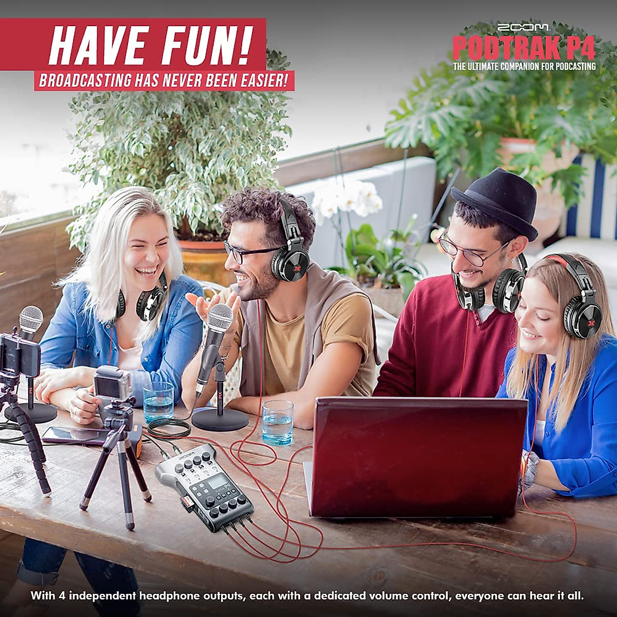 Zoom PodTrak P4 Portable Multitrack Podcast Recorder, Audio Interface w/ 4 Mic Inputs, 4 Headphone Outputs + 4x Zoom ZDM-1PMP 4 Headphones, Microphones stands & cables, 64GB SDXC, Boom arms and more