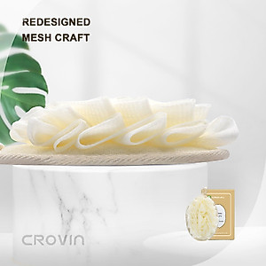 CROVIN Shower Puff 4 Pack Bath Sponge Shower Loofahs Pouf Large 7x5 Premium Exfoliating Mesh Puffs for Men and Women-Elastic Hand Strap Body Brush to Soothe, Cleanse Your Skin