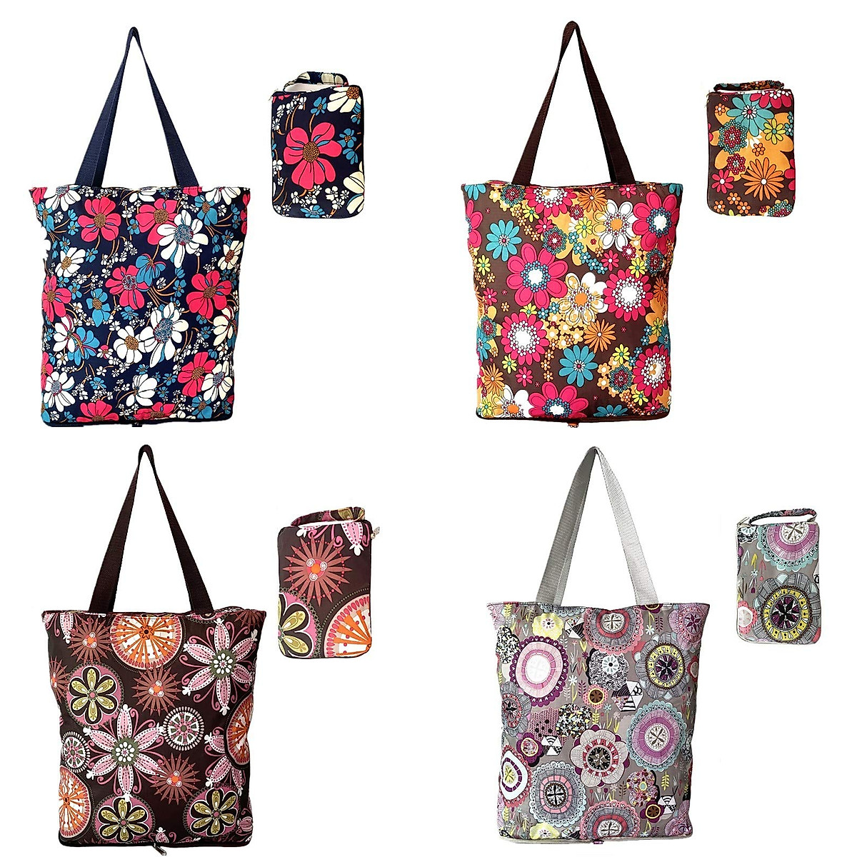 NC 4 Pack Foldable Kitchen Reusable Grocery Bags Floral Designs with Zipper Folding Shopping Tote Bags Lightweight Durable Large Bags 50LBS for Grocery