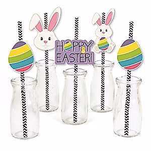 Hippity Hoppity Paper Straw Decor - Easter Bunny Party Striped Decorative Straws - Set of 24