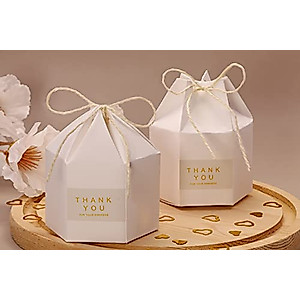 ONLYKXY 50pcs Wedding Candy Boxes 4x7x9cm/1.57x2.75x3.54inch Hexagonal White Kraft Paper Gift Wrap Boxes for Party Favors Wedding Bridal Shower Macaroon Holiday Dinner Birthday Party Decorative Box (White Rope)