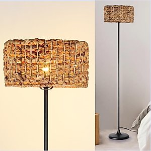 Casamoon Farmhouse Rattan Floor Lamp for Bedroom, Water Lettuce Hand-Knitting Shade Tall Standing Light for Living Room Corner Lighting, Mid Century Rustic Vintage Home Décor, Black