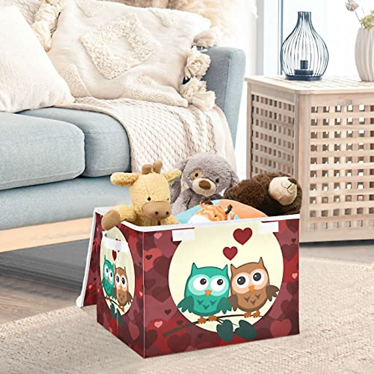 innewgogo Owls Valentines Day Storage Bins with Lids for Organizing Storage Baskets with Handles Oxford Cloth Storage Cube Box for Dog Toys