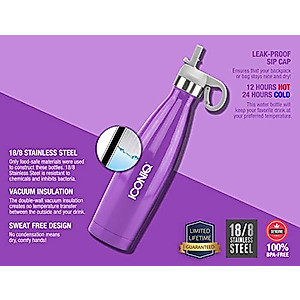 ICONIQ 17 oz Stainless Steel Vacuum Insulated Water Bottle with Pop Up Straw Cap, 17 Ounce (Gloss Purple/Gray)