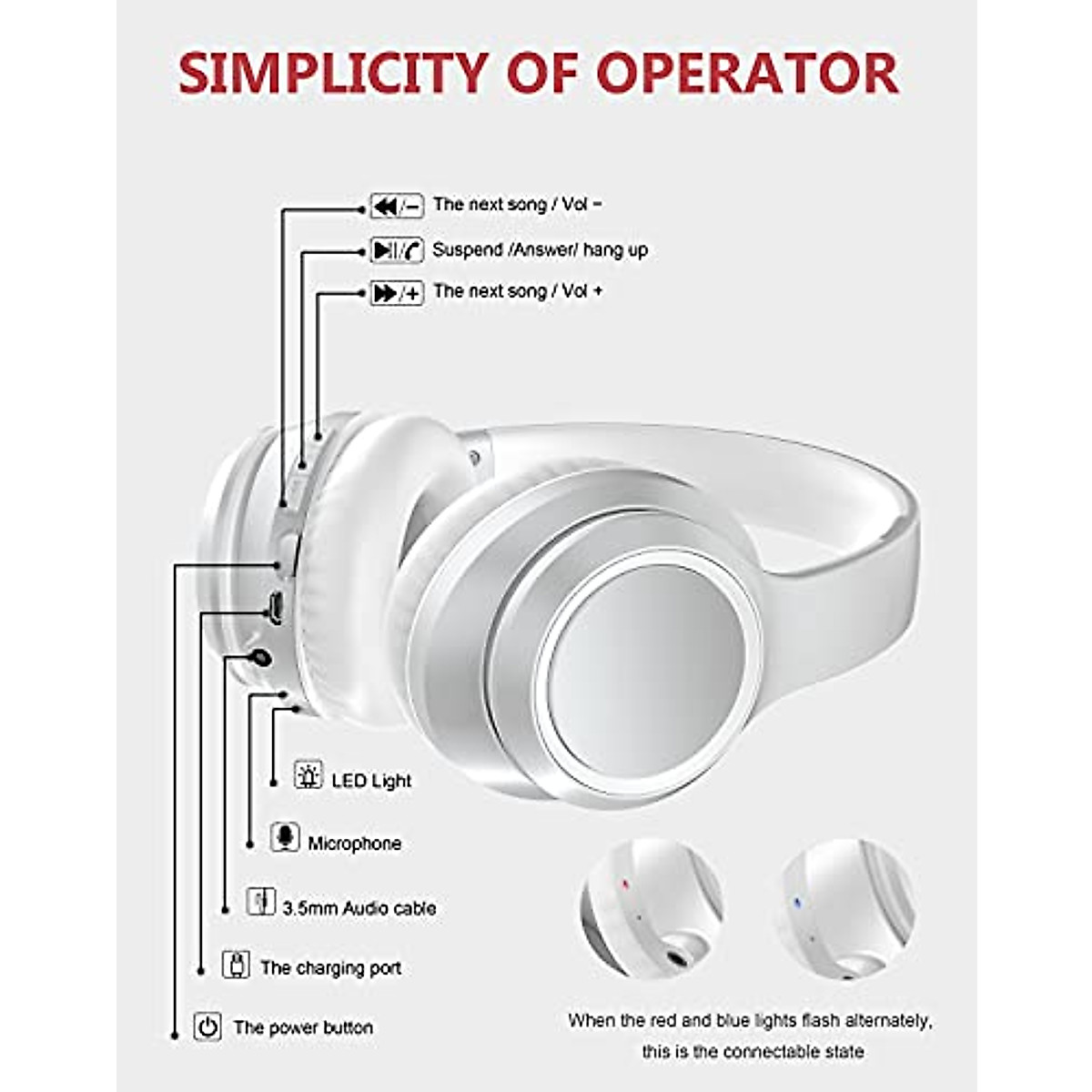 rockpapa E8 Over The Ear Bluetooth Headphones with Microphone for Kid Children Boy Girl Youth Teen Adult, Foldable Wired/Wireless Headphones with Mic, Include Travel Case, Silver