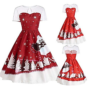 Vintage Christmas O-Neck Printed Dress for Women's Short Sleeve A-Line Swing Dress