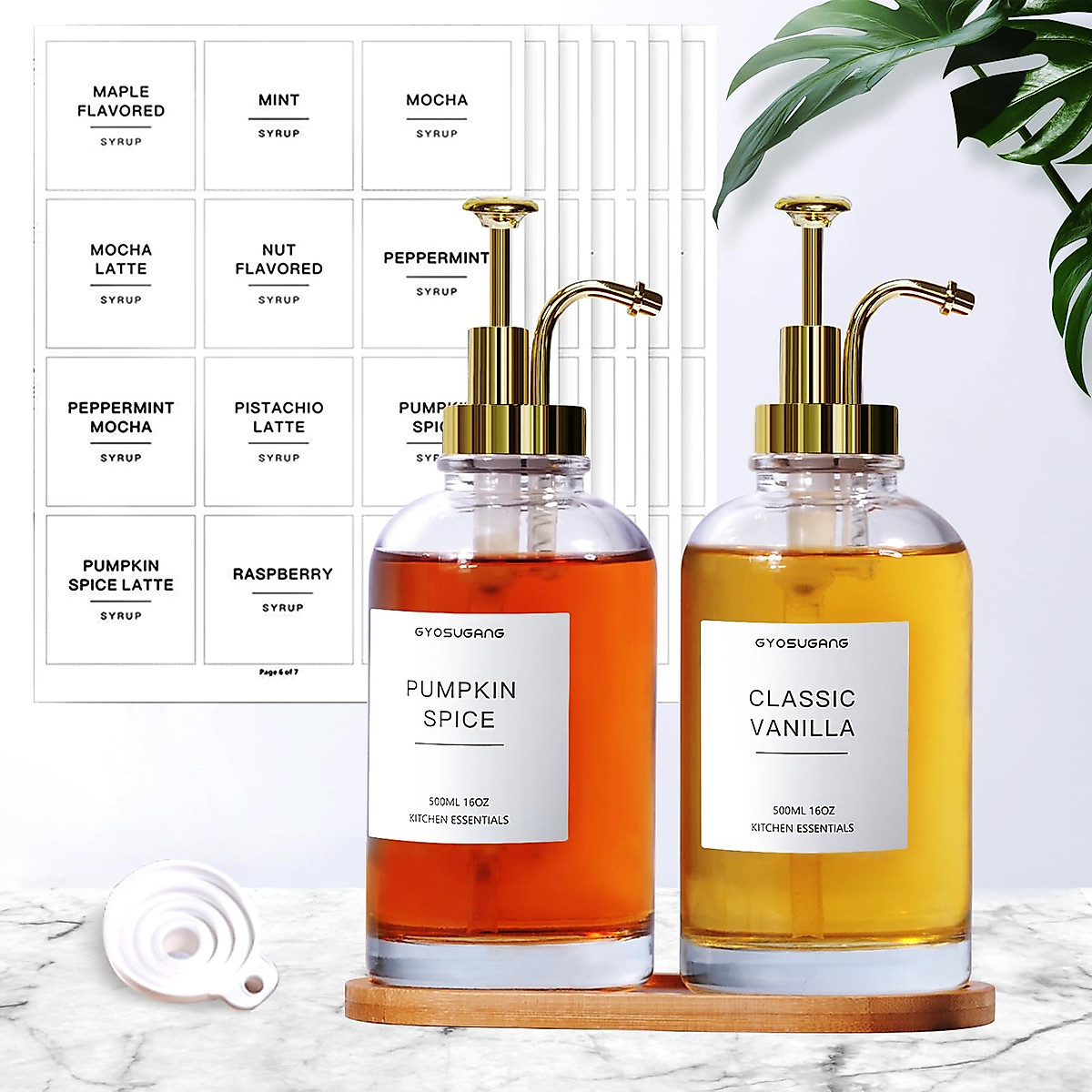 Syrup Dispenser, Coffee Syrup Dispenser for Coffee Bar, Simple Glass Syrup Bottle w 84 Labels and Bamboo Tray, Syrup Pump Dispenser 16.9 oz 500 ml, Set of 2, Gold, Coffee Bar Accessory