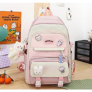 LaurelTree Kawaii Aesthetic Cute 5pcs School Bags Set with Accessories School Suppliers for Teens Girls Backpack Tote Bag (Pink)