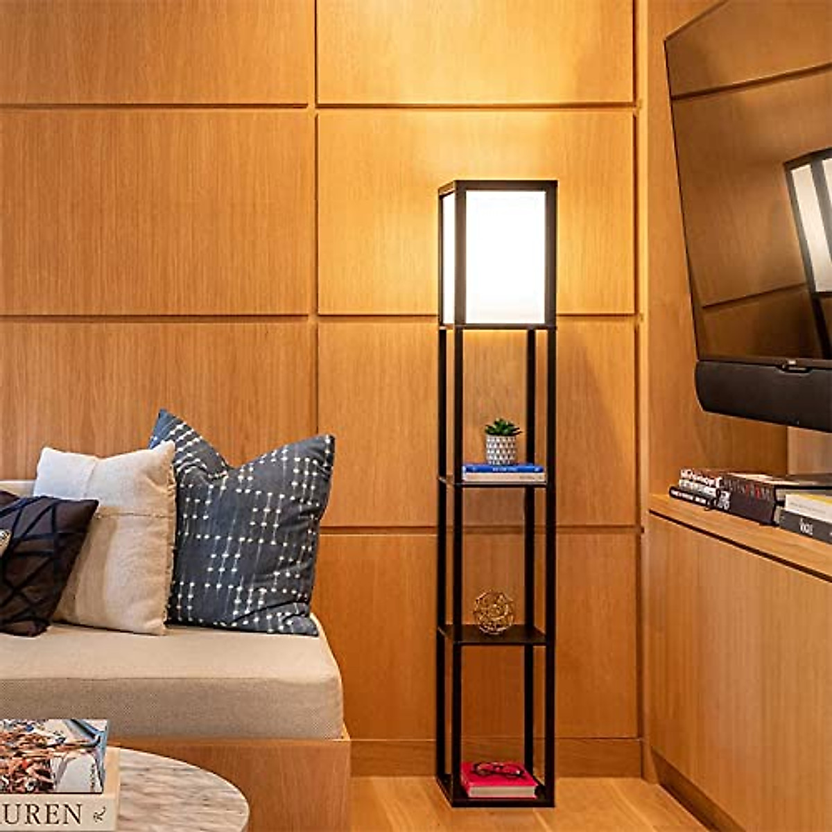 Battery Operated Floor Light with Remote Control,Wood Black Tall lamp with Shelves,Standing Light with Energy-Saving Light Bulb,Floor Light with Fabric lampshade,with Bulb+Remote+Charging Cable
