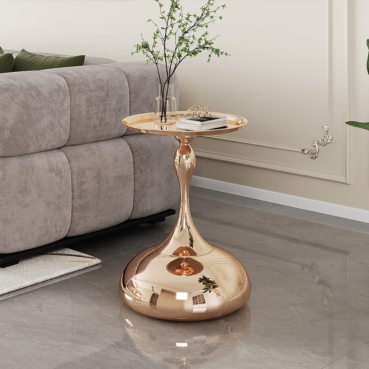 Round Small Metal Side Table, Mid Century End Table, Vintage Pedestal Accent Coffee Table for Small Spaces, Living Room, Bedroom Balcony and Office, Gold