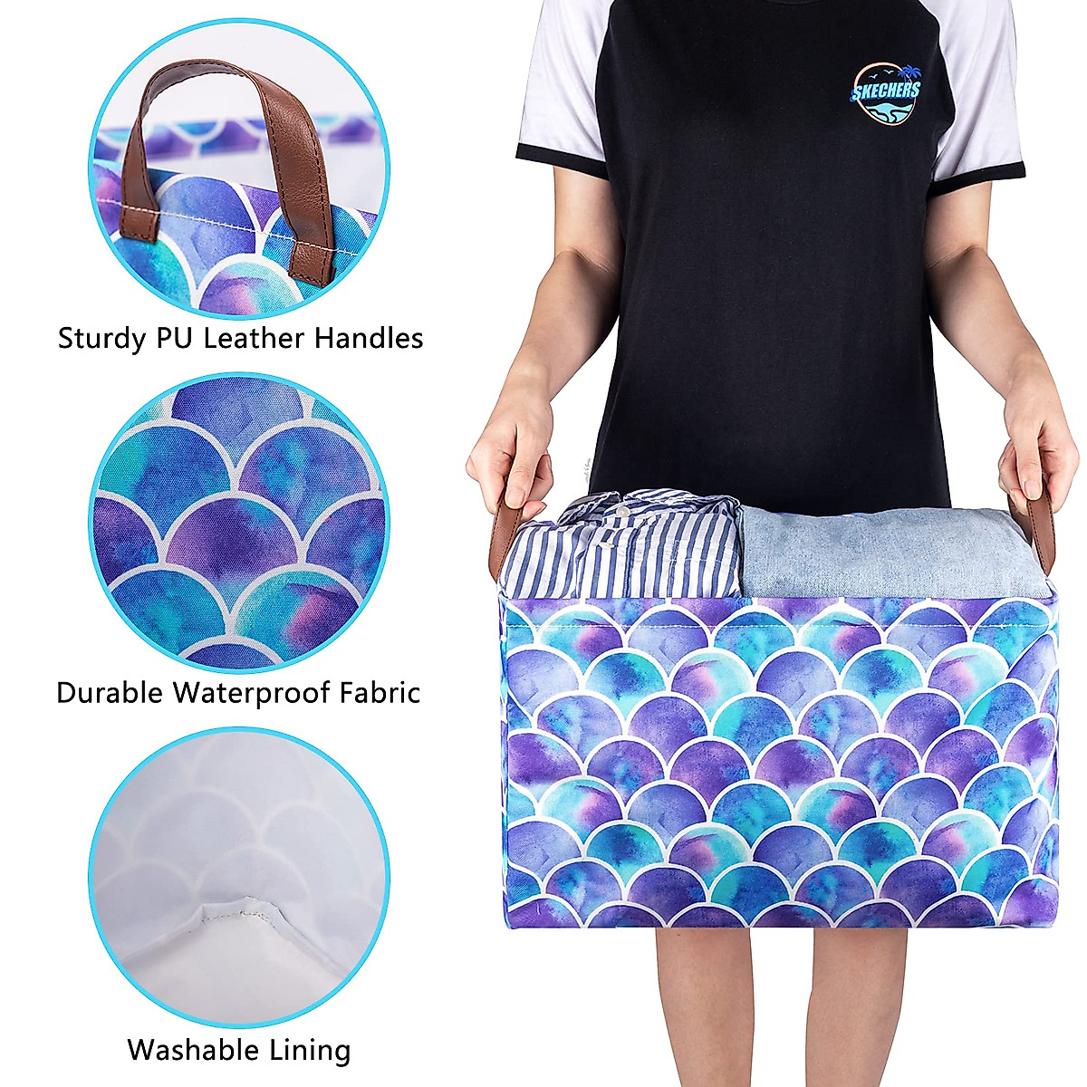 Funnewban Mermaid Storage Bin Basket Collapsible with Leather Handles Waterproof Canvas Storage Cube Box for Closet Toys Clothes Nursery Room Gift Basket