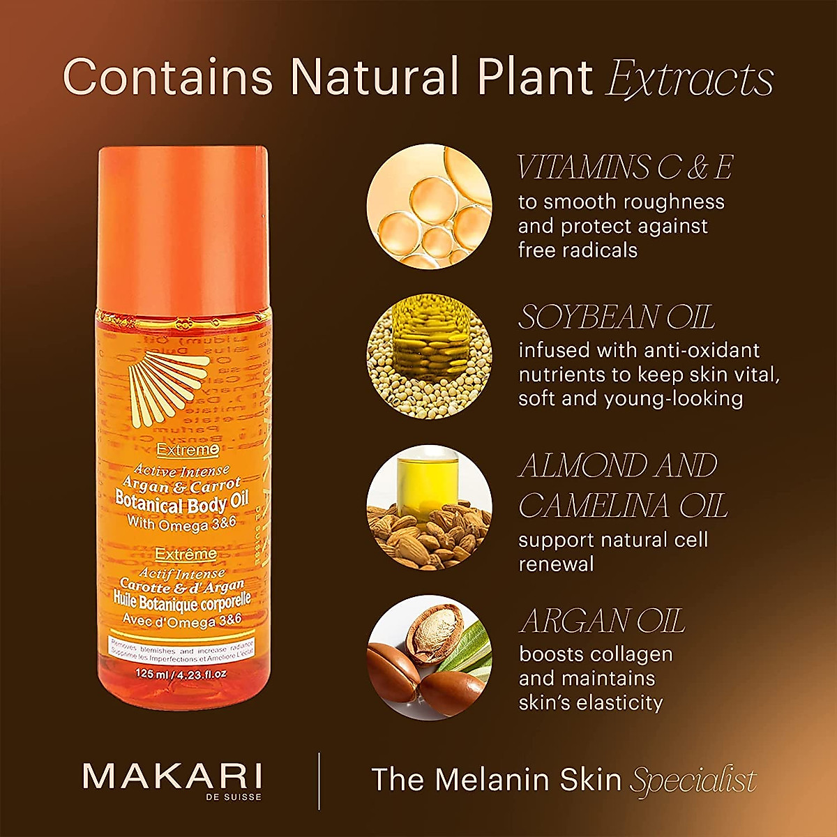 Makari Extreme Active Intense Botanical Body Oil (125 ml) | Softens, Conditions, Hydrates, and Rejuvenates Skin | Helps Fade Marks, Blemishes, and Spots | Recommended for All Skin Types