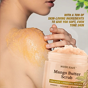 Mango Butter Body Scrub with Collagen and Stem Cells 12 oz - Exfoliating Salt Scrub for Cellulite - Deep Cleansing for Acne, Scars, Wrinkles - Moisturizes Skin