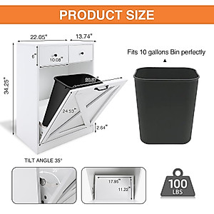 Walmokid White Tilt Out Trash Cabinet, Wooden Kitchen Trash Can Cabinet w/Hideaway Drawers, Dog Proof Trash Can Holder, Free Standing Tilt Out Laundry Hamper 10 Gallon