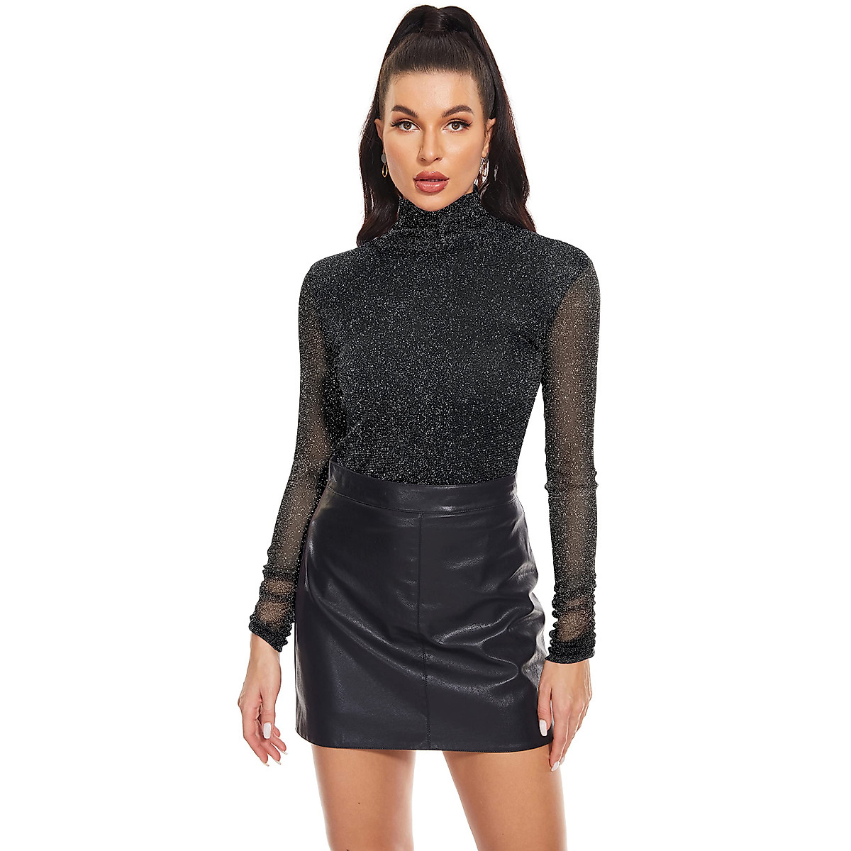 Anbenser Women's Turtleneck Top Long Sleeve Slim Fit Shirts Mesh Sheer See Through Casual Blouse (Glitter Black,Small)