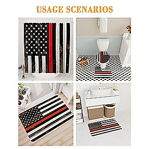 4 PCS Independence Day USA Flag Shower Curtain Set with Bath Rugs,American Red Line Fireman Waterproof Curtains Soft Bathroom Non-Slip Floor Mats Toilet U-Shaped Pad and Toilet Lid Covers Wood Plank