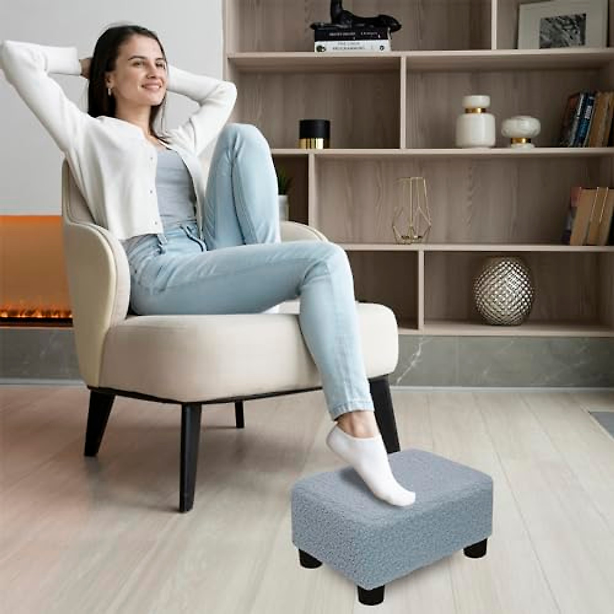 CAROLMADE Small Foot Stool Ottoman 15.4" Footstool with Legs Under Desk Footrest for Living Room Bedroom and Office, Soft Blue
