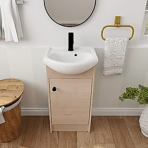 SSLine Freestanding Bathroom Vanity with Sink Modern 18-Inch Single Bathroom Vanity Set with Top Basin & Storage Cabinet Floor Stand Wood Bath Cabinet w/Ceramic Sink for Small Space -Light Oak