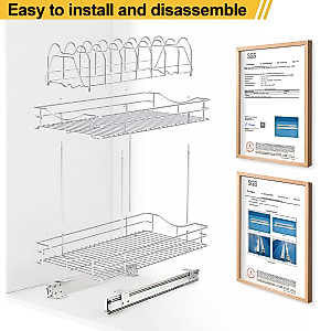 FULGENTE Pull Out Cabinet Drawer Organizer for Lid Cookware 11" W x 21" D 2 Tier Slide Out Kitchen Shelves Storage for Pots and Pans Roll Out Pot Top Shelf for Cabinet Wire Frame Chrome Finish