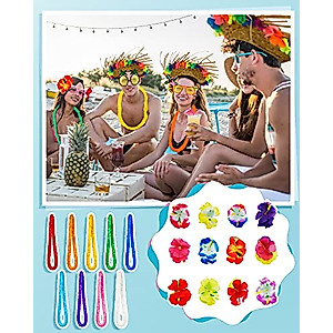 SATINIOR 84 Pieces Hawaiian Luau Party Accessories Hawaiian Leis Bulk Beachcomber Straw Hat Luau Party Sunglasses Tropical Flower Hair Clips and Plastic Leis Set for Summer Beach Costume Supplies