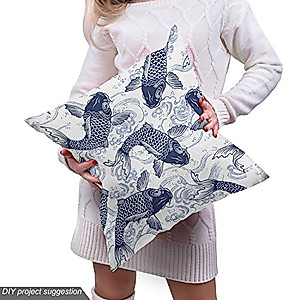 Ambesonne Fish Fabric by The Yard Japanese Carp Koi Wave Pattern Asian Background Ancestral Animal Culture Decorative Fabric for Outdoor and Indoor Furnishing Cover Hobby Sewing DIY 2 Yards White Blue