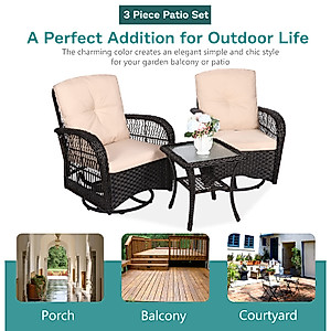 MEETWARM 3 Pieces Outdoor Wicker Swivel Rocker Patio Set, Rocking Chairs Rattan Patio Furniture Sets with Thickened Cushion and Glass-Top Coffee Table, Conversation Bistro Set for Porch (Dark Brown)