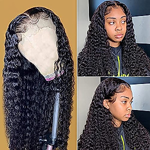 Amanda HD Deep Wave Lace Front Wigs Human Hair Pre Plucked 4x4 Deep Wave Wig 24 Inch Brazilian Virgin 180% Density Wet and Wave Lace Closure Wigs Human Hair for Women Natural Color