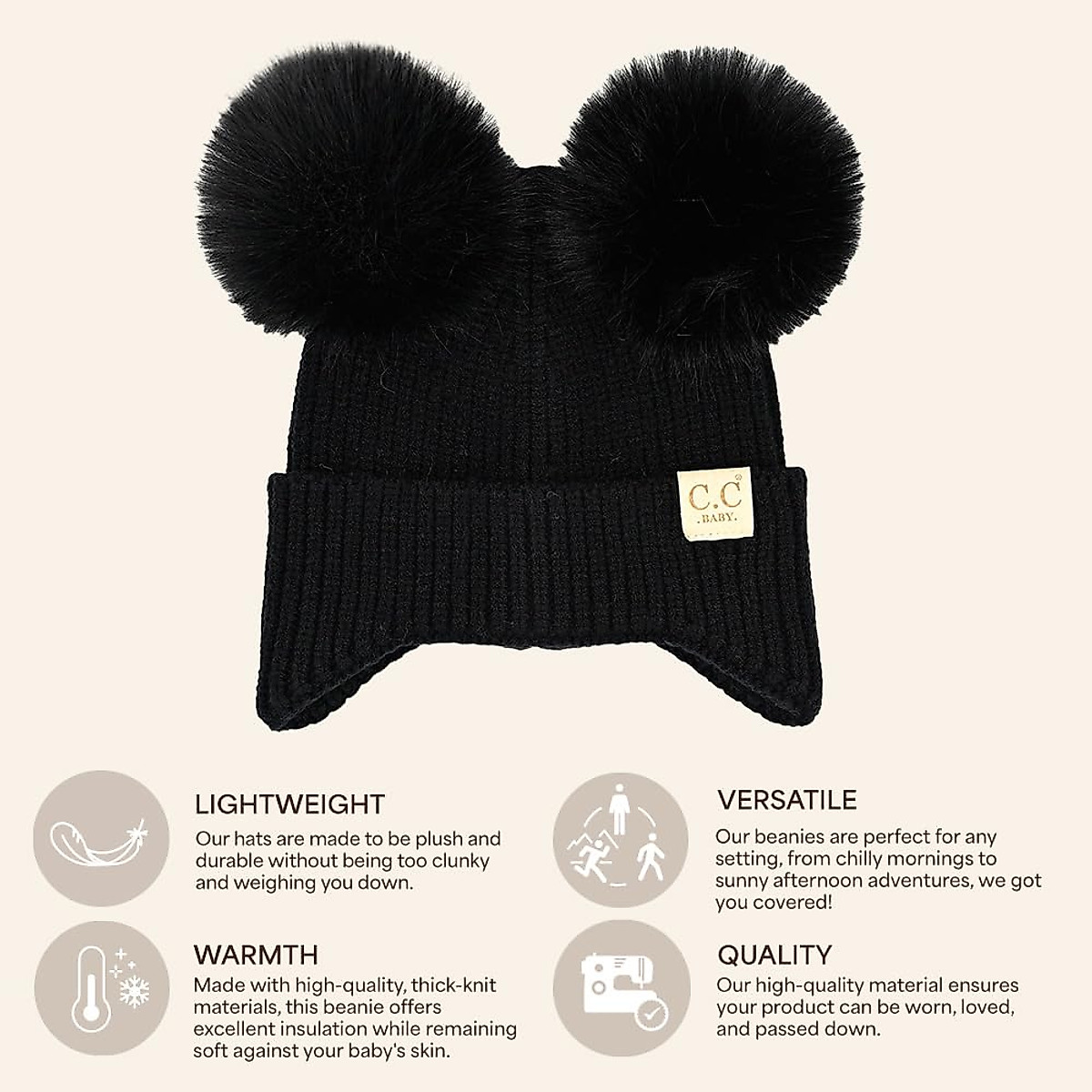 C.C Baby Earflap Double Fur Pom Pom Beanie Black