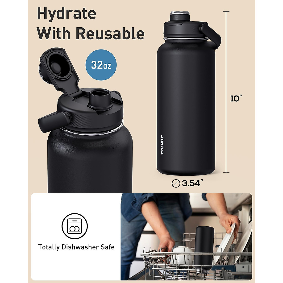 TOURIT 32 oz Insulated Water Bottle, Stainless Steel Sports Water Bottles With Top Handle, Double-Wall Travel Thermal Water Flask, BPA Free Leakproof Thermos Bottle for Sports and Travel (Obsidian)