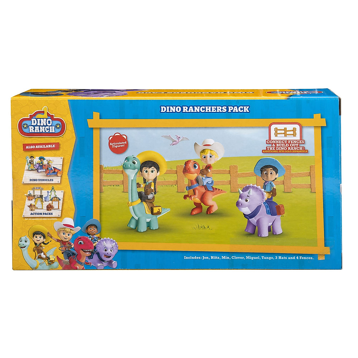 Dino Ranch 6-Figure Pack - Jon and Blitz, Min and Clover, Miguel and Tango - Three 3” Dino Ranchers and Three 4” Dinos, Plus Fence Pieces - Toys for Kids Featuring Your Favorite Pre-Westoric Ranchers