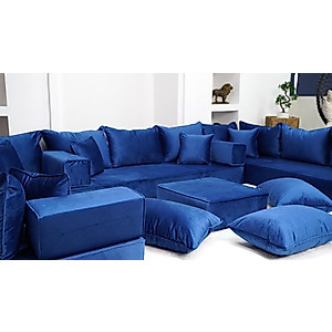 8" Thickness Royal Blue U Shaped Floor Seating Sofas, Sofa Bed Couch, Luxury Velvet Sofas, Moroccan Home Decor Livingroom Sofas, Arabic Seating Sofa (U Sofa + Ottoman + Pillows)