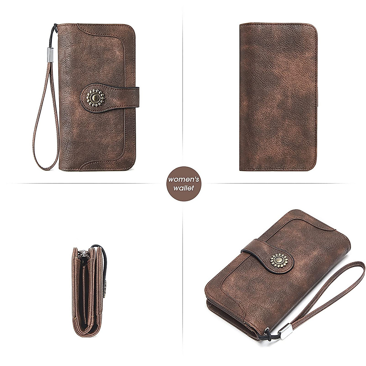 Telena Womens Wristlet Wallets Leather Large Trifold Clutch Purse Credit Card Holder Coffee