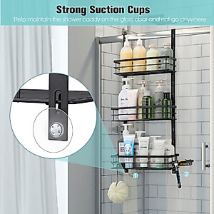 Tuenort Over the Door Shower Caddy, Adjustable Hanging Shower Shelves Rustproof with Hook, Shampoo Holder Bathroom Organizer Shelf with Soap Holder for Inside Bathroom and Kitchen Storage, Black