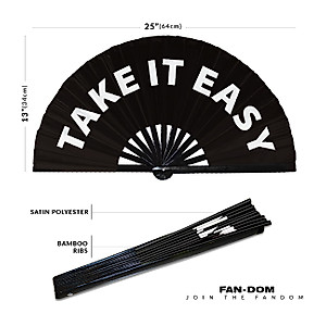 Take It Easy hand fan foldable bamboo circuit hand fan funny gag slang words expressions statement gifts Festival accessories Rave handheld Circuit event fan Clack fans (Black)