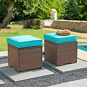 OC Orange-Casual Patio Ottoman Outdoor Footstools Small Footrest Seat w/Removable Cushions (Blue)