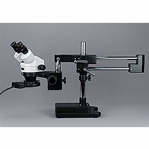 AmScope SM-4BZ-FRL-B Professional Binocular Stereo Zoom Microscope, WH10x Eyepieces, 3.5X-90X Magnification, 0.7X-4.5X Zoom Objective, 8W Fluorescent Ring Light, Black Double-Arm Boom Stand, 110V-120V, Includes 0.5x and 2.0x Barlow Lenses