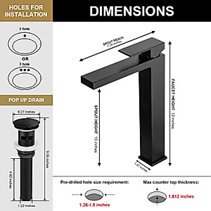 Lava Odoro Matte Black Vessel Sink Faucet, Tall Single Handle Bathroom Faucet Single Hole Bowl Sink Faucet Lavatory Vanity Faucet with Pop up Drain Assembly, BF307-MB-T