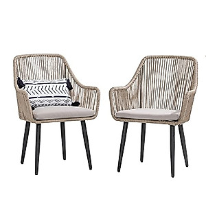 Patiorama Outdoor Dining Chairs, Patio Dining Chair Set of 2, All-Weather Woven Rope Rattan Wicker Chairs, Patio Club Chairs, Outside Chair Seating with Arms and Cushions for Lawn Backyard Pool(Tan)