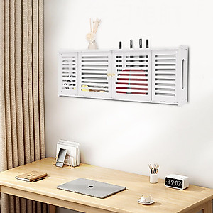 Leblett Wall Mount Router Storage Box,Rectangular White Floating Shelf,Organizer for Toys,Power Plug Storage Box,Multi-Function Storage Rack with Door