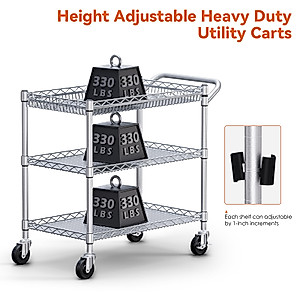 WDT Heavy Duty 3 Tier Rolling Utility Cart, Kitchen Metal Utility Carts with Handle Bar, Utility Shelf Plant Display Shelf Food Cart Storage Trolley with Wheels, Silver