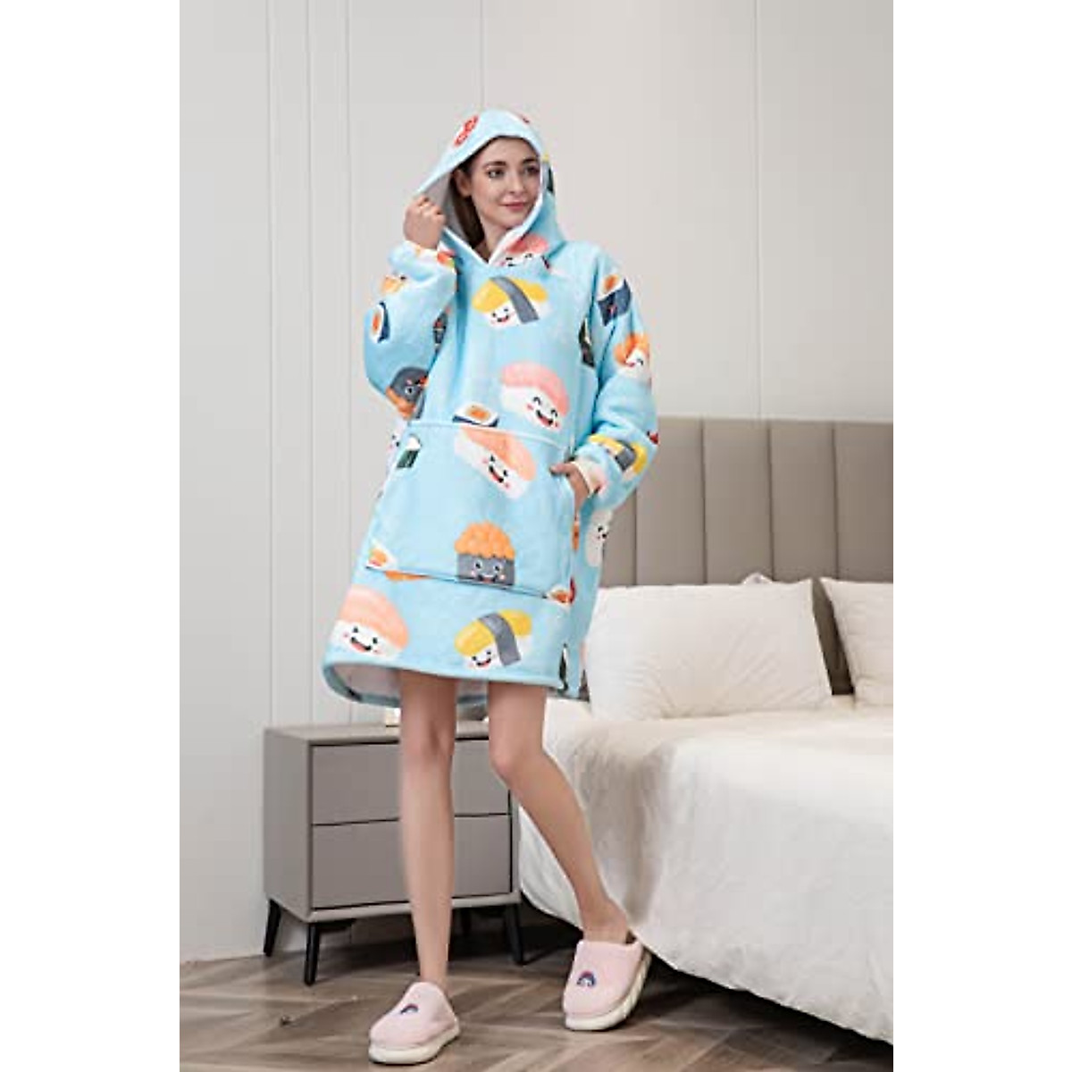 Wearable Blanket Hoodie, Oversized Sherpa Hooded Blanket Sweatshirt Extremely Cozy, Warm, Soft and Fuzzy Hoodie Blanket (Sushi Blue)