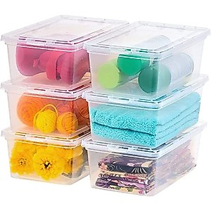 IRIS USA 6.7 Qt. Lightweight Plastic Storage Container Bin with Latching Lid, 6 Pack, for Shoes, Heels, Action Figures, Crayons/Pens, Art Supplies, School Supplies, Stackable and Nestable, Clear