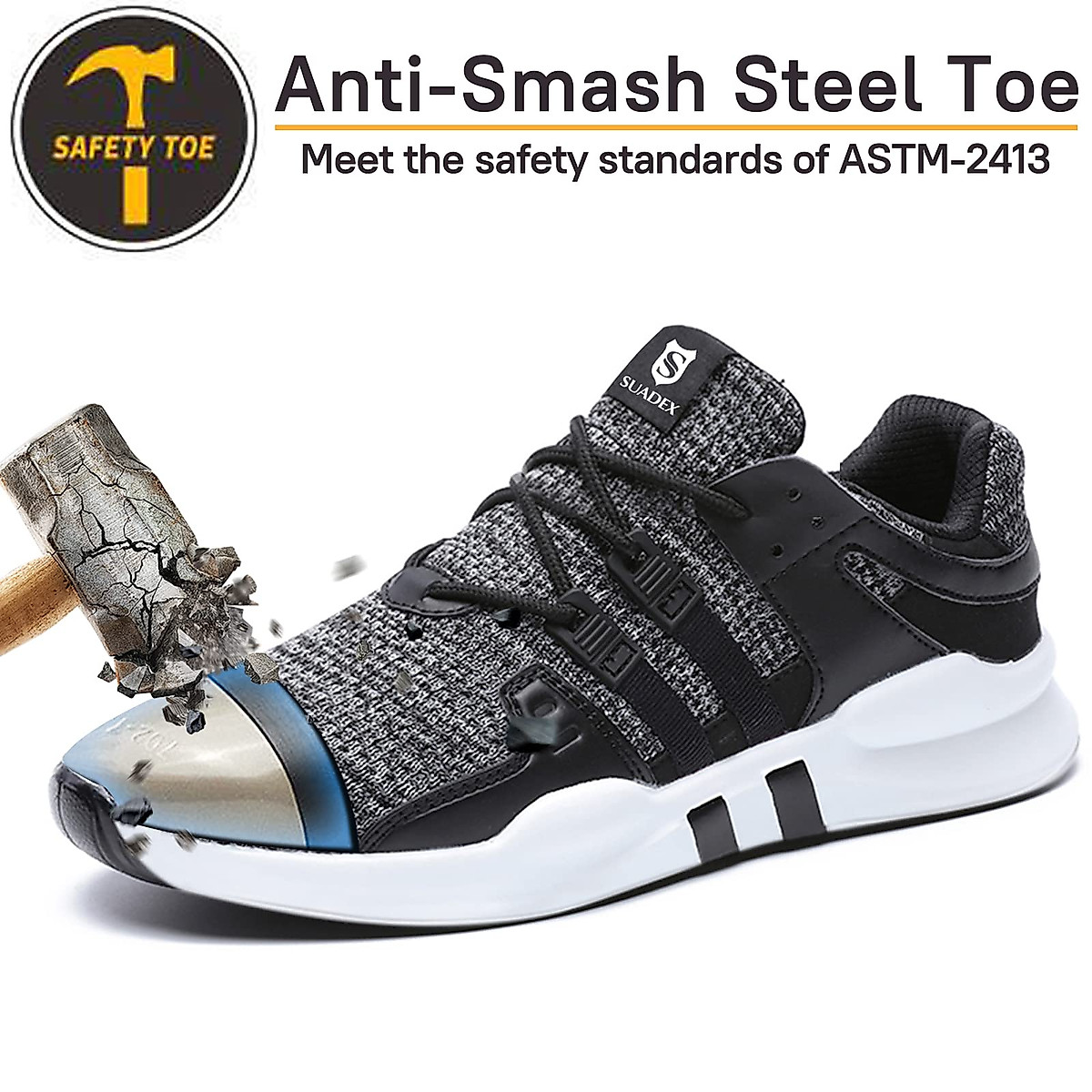 SUADEX Steel Toe Shoes for Men Lightweight Indestructible Work Shoes Women Breathable Safety Shoes Grey 11 Women/9.5 Men