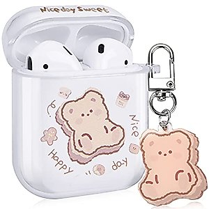 Clear AirPods Case with Bear Keychain Cute Cartoon Bear Design Full Protective Silicone Cover Compatiable with AirPod 2&1 Case for Kids and Womens (Brown)