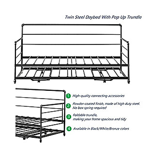 FULLJOJOR Daybed with Pop Up Trundle, Metal Daybed with Trundle & Pull-Out Trundle Set with Lockable Casters, Twin Platform Bed Sofa Bed for Living Room, Guest Room, No Box Spring Needed