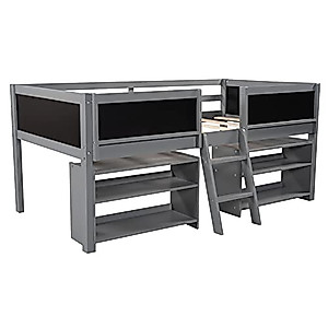 Low Loft Beds with 2 Movable Shelves Twin Loft Bed Frame with Chalkboard Modern Farmhouse Junior Bed for Kids Boys Girls, Gray