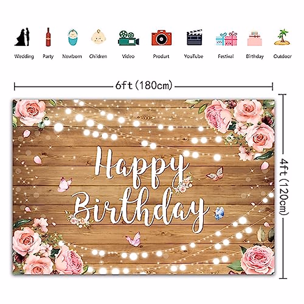 Pink Birthday Party Decorations,Butterfly Rustic Wood Flowers Happy Birthday Backdrop Banner Hot Pink Balloon Arch Garland Kit for Women Girl Birthday Party Supplies