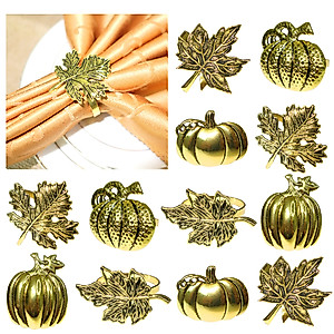 HADDIY Thanksgiving Napkin Rings,Fall Napkin Ring Set of 12 Vintage Gold Metal Leaf and Pumpkin Napkin Holder for Autumn Thanksgiving Dinner Table Settings Decoration