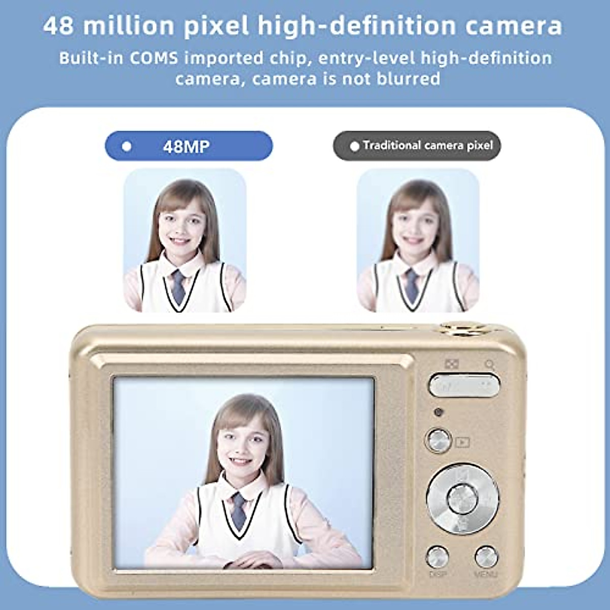 Akozon Children Digital Camera, 2.7in Camera 48MP High Definition Camera 8X Optical Zoom Digital Camera for Children Beginners (Gold)